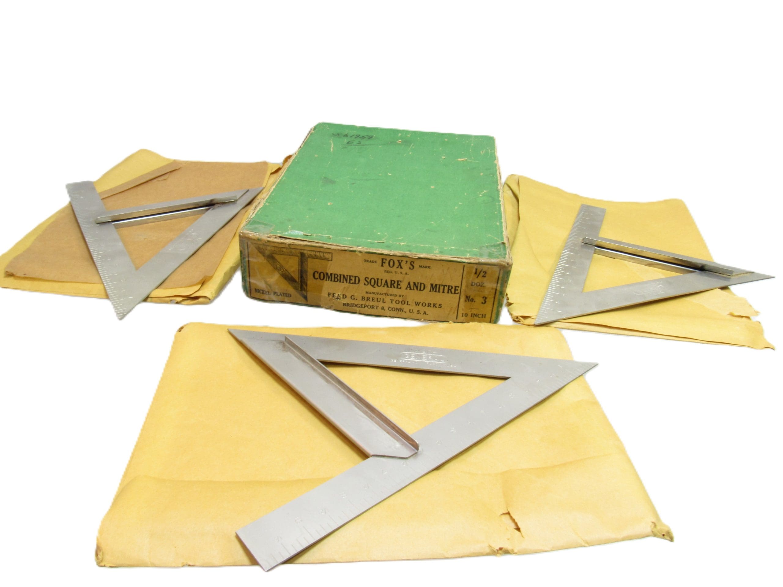 3 Unused FOX's Patented Combination Square & Miter In Green Box Marked ...